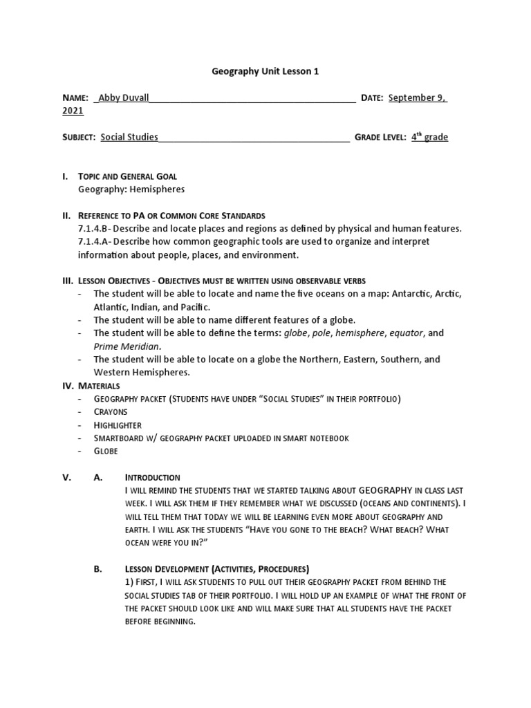 Geography Unit Lesson 1 N: - Abby Duvall - D: September 9 | PDF ...