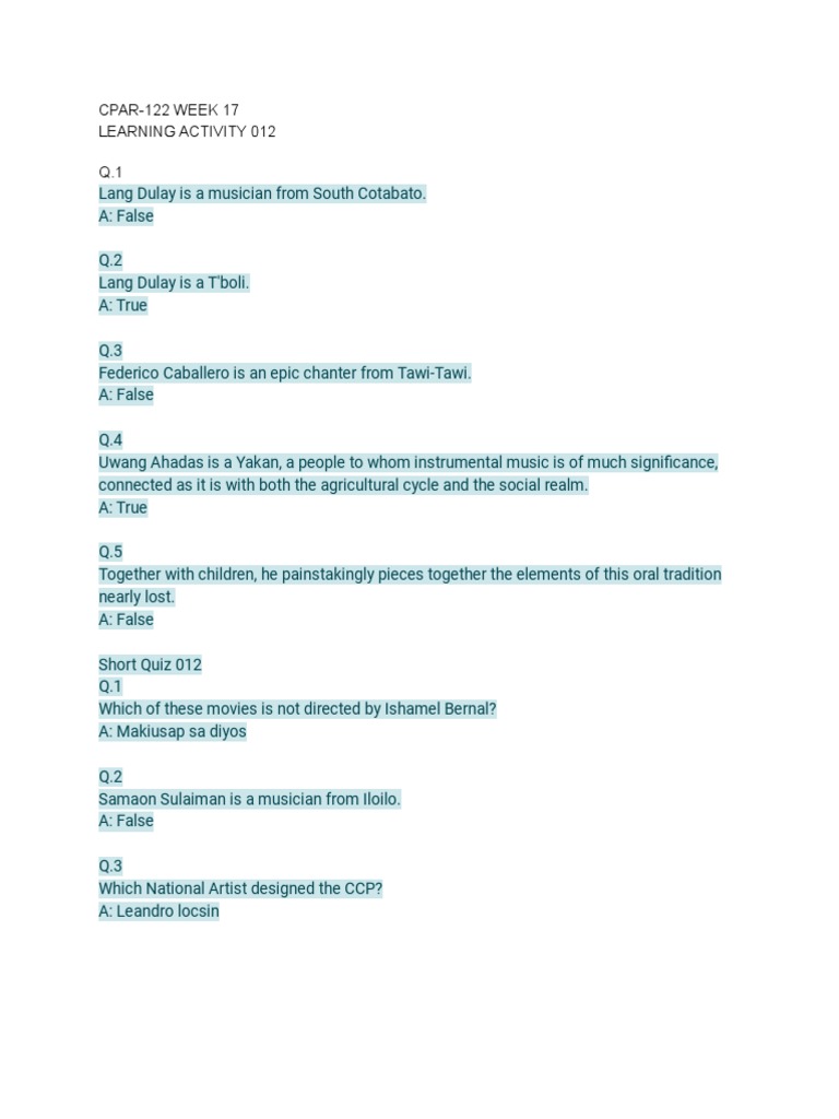 CPAR-122 WEEK 17 Learning Activity 012 Q.1 | PDF