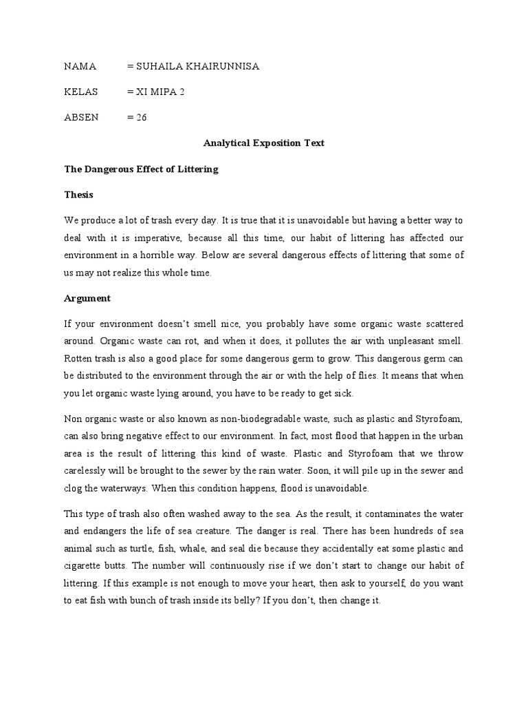 Analytical Text - The Dangerous Effect of Littering | PDF