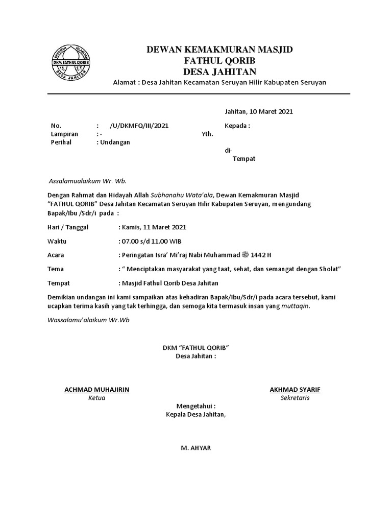 Surat Undangan - Isra Miraj 1442 | PDF