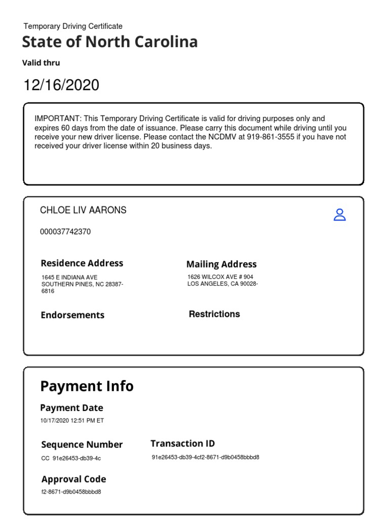 NC 60-Day Temporary Driving Certificate | PDF