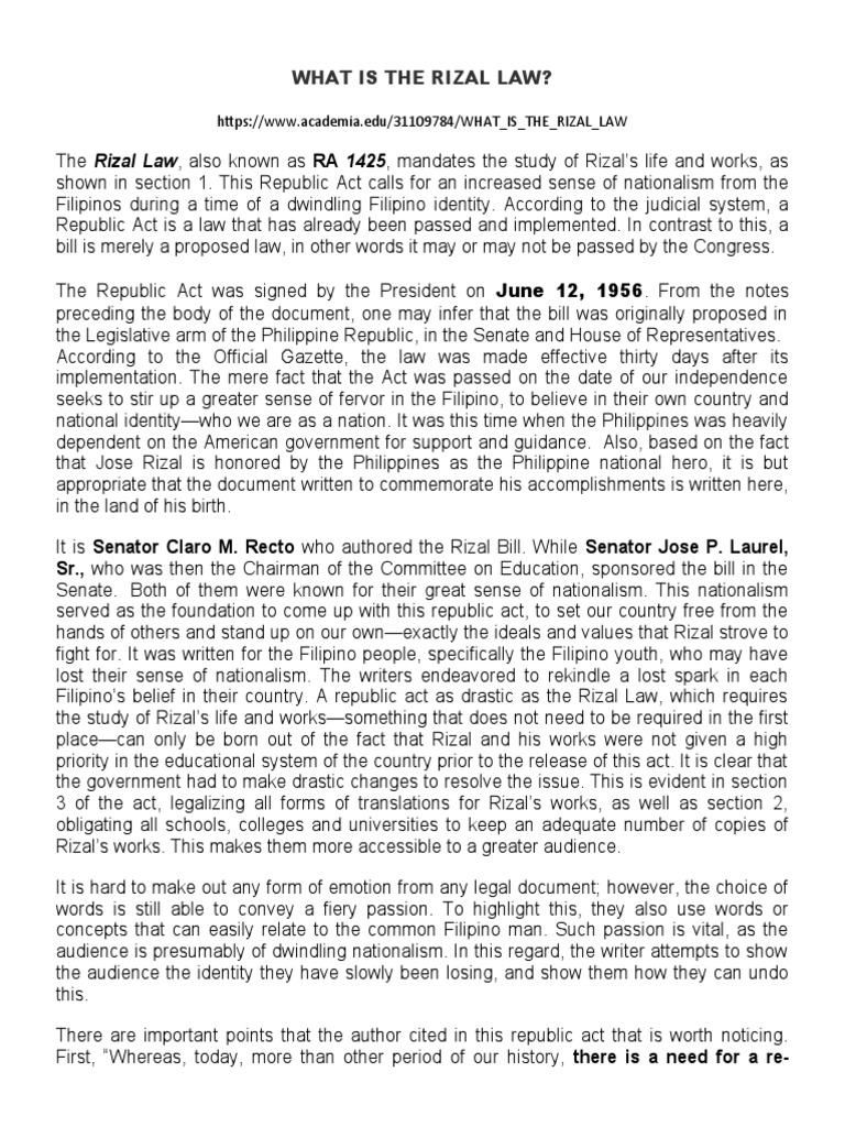 Understanding the Rizal Law (RA 1425) | PDF | Philippines