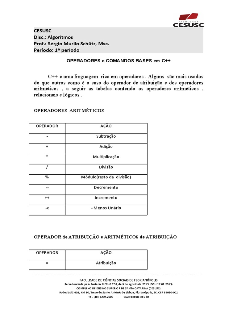 Operadores e Comandos Base C++ | PDF | C ++ | Ciência da Computação