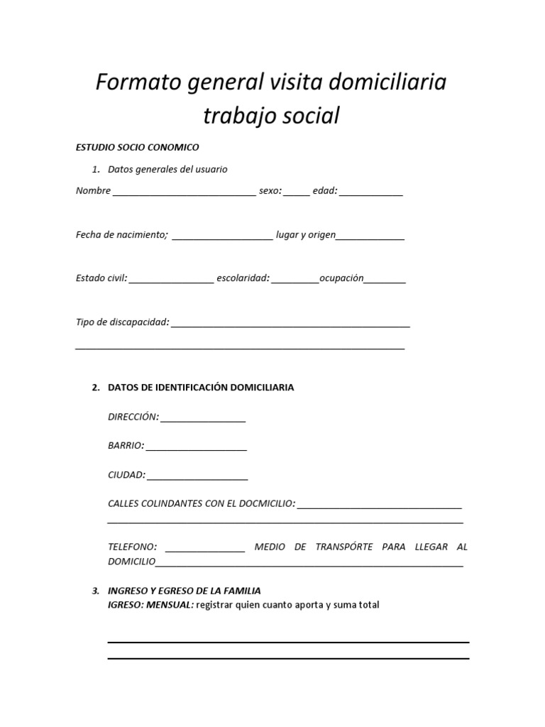 Formato General Visita Domiciliaria Trabajo Social TRABAJO U | PDF Formato General Visita Domiciliaria Trabajo Social TRABAJO U | PDF