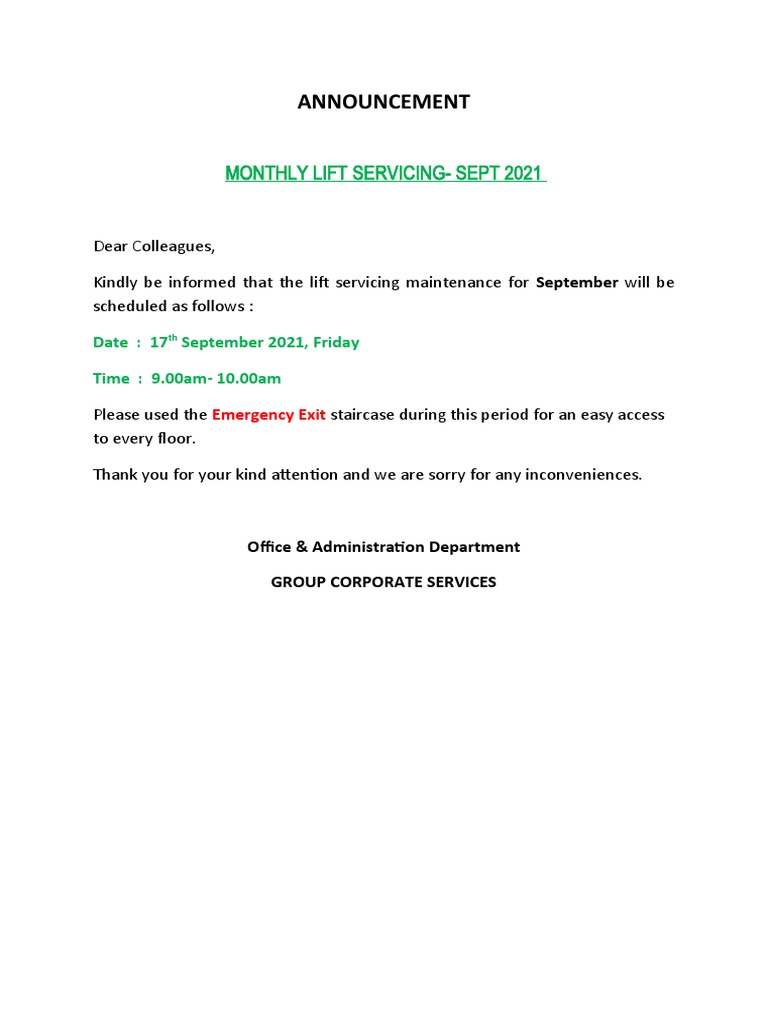 Lift Servicing Sept Announcement | PDF