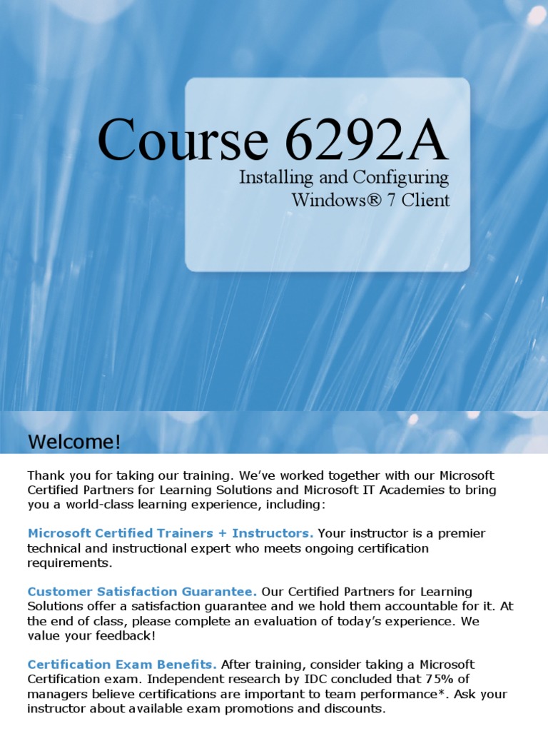 Course 6292A: Installing and Configuring Windows® 7 Client | PDF | Pedagogy | Microsoft Windows