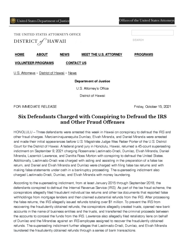 DOJ Press Release Re Fraud Charges Against Six Defendants | PDF ...
