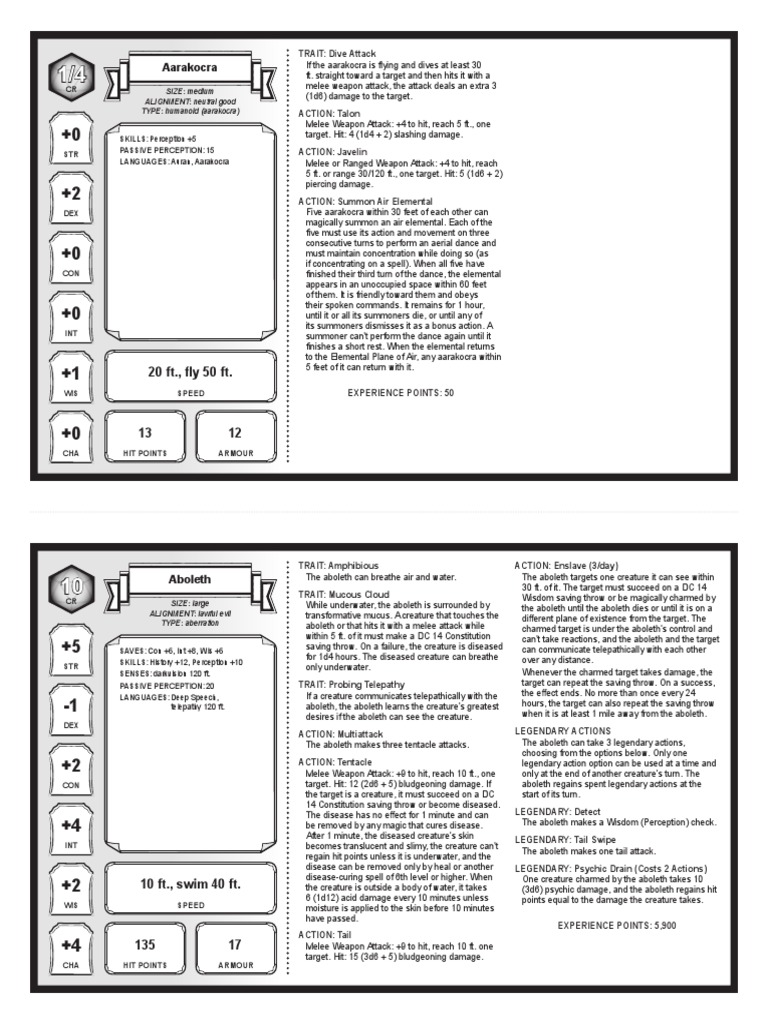 DD 5e Monster Cards SRD Complete | PDF | Fantasy Creatures | Role ...