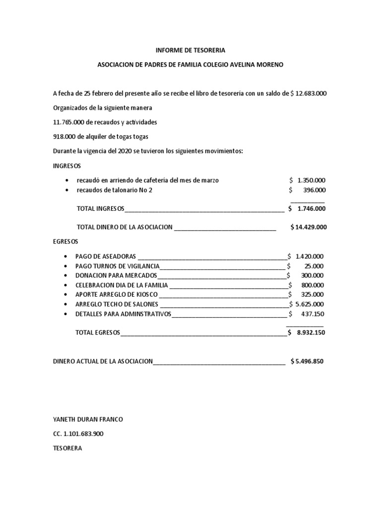 Informe de Tesoreria | PDF