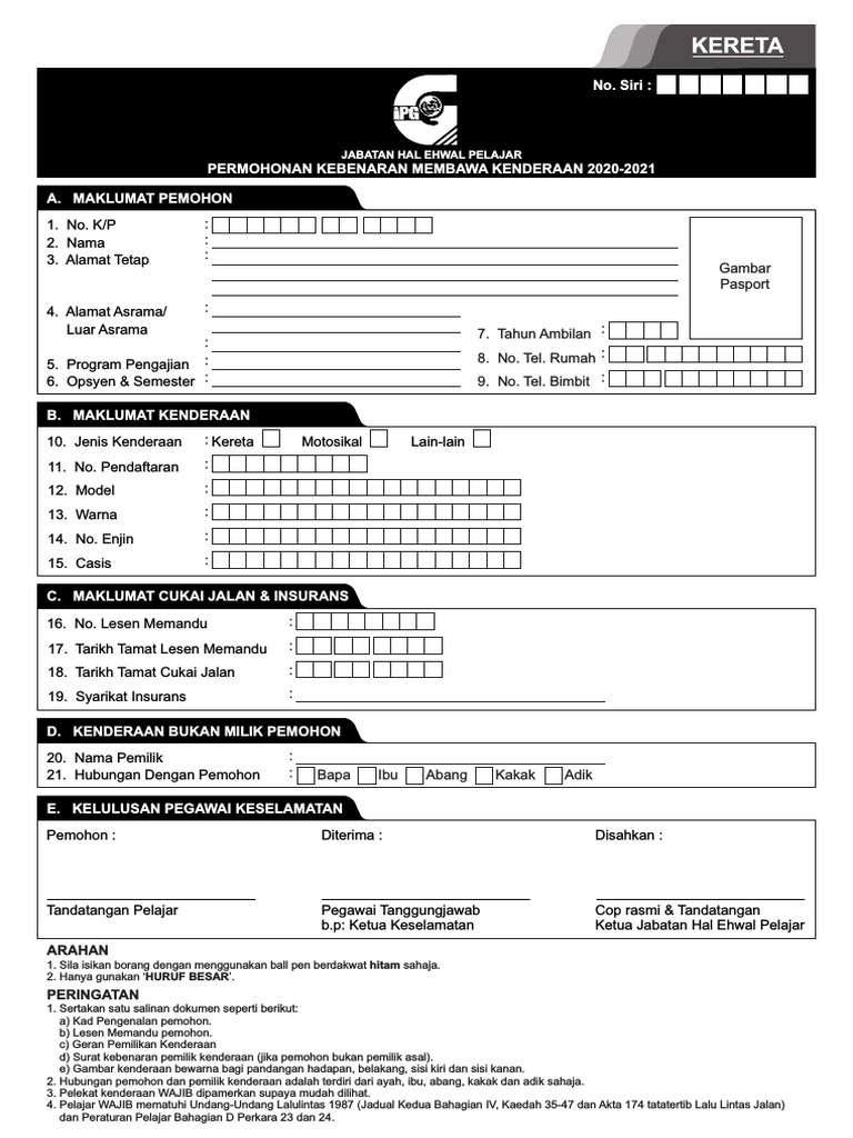 Borang Kebenaran Membawa Kenderaan IPGKTB 2020 2021 | PDF
