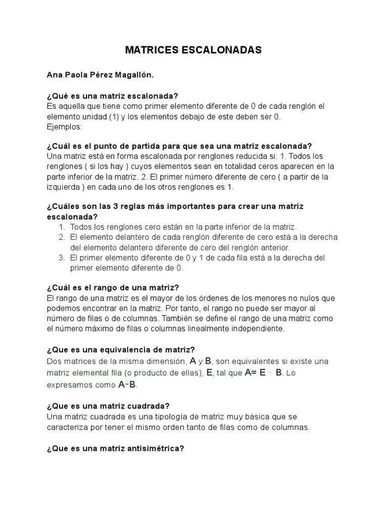 Rango y características de matrices escalonadas | PDF