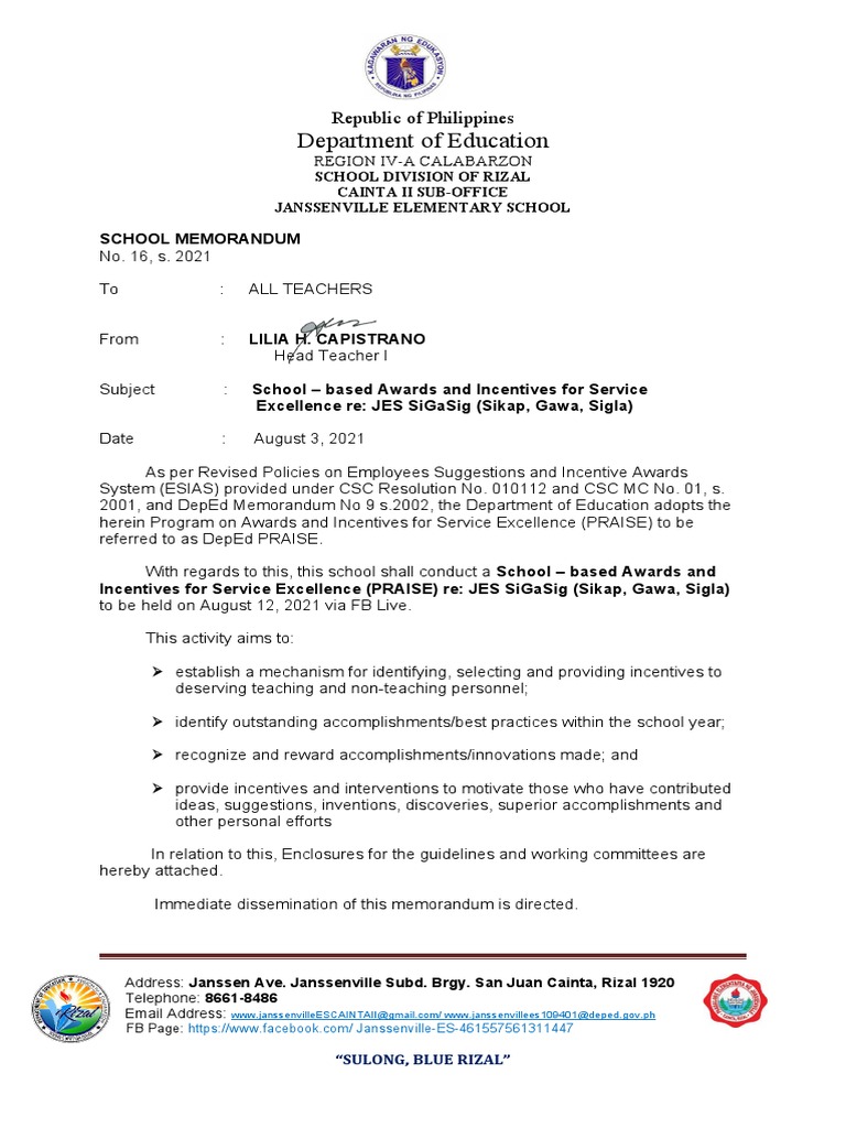 Janssenville School Awards Memorandum | PDF | Teachers | Learning