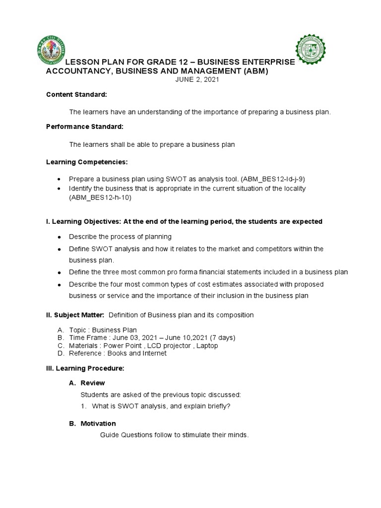 Business Plan Lesson for Grade 12 ABM | PDF | Lesson Plan | Learning