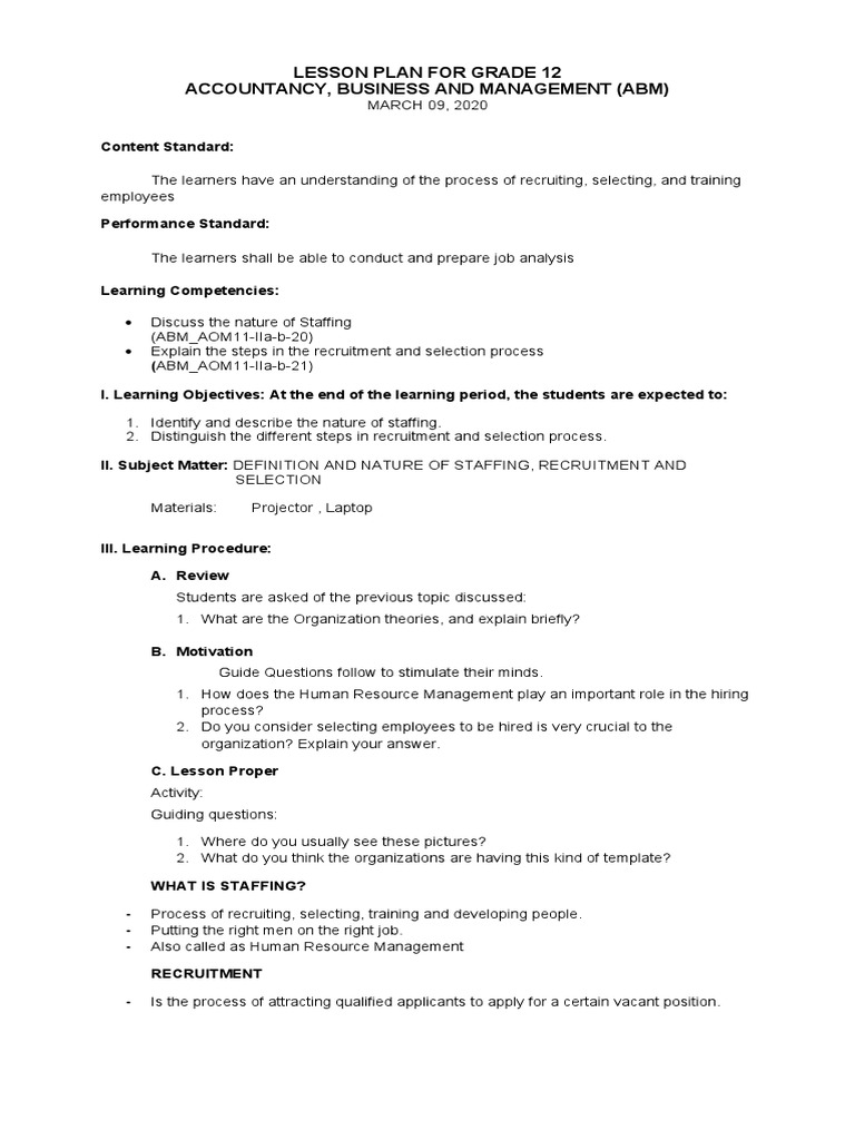 Lesson Plan For Grade 12 Accountancy, Business and Management (Abm ...