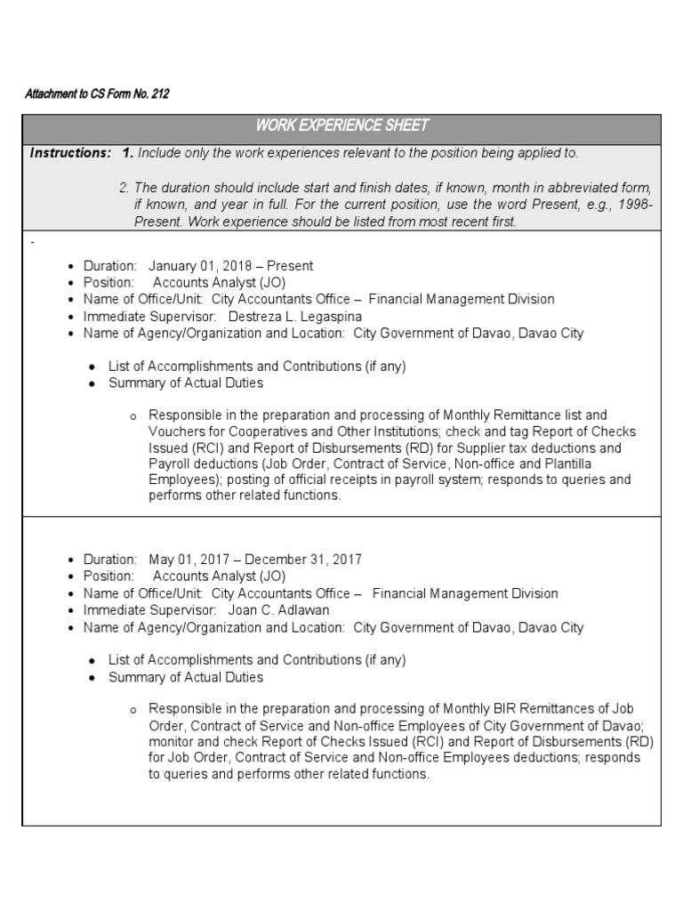 Work Experience Sheet CS Form No 212 PDF Payroll Payments
