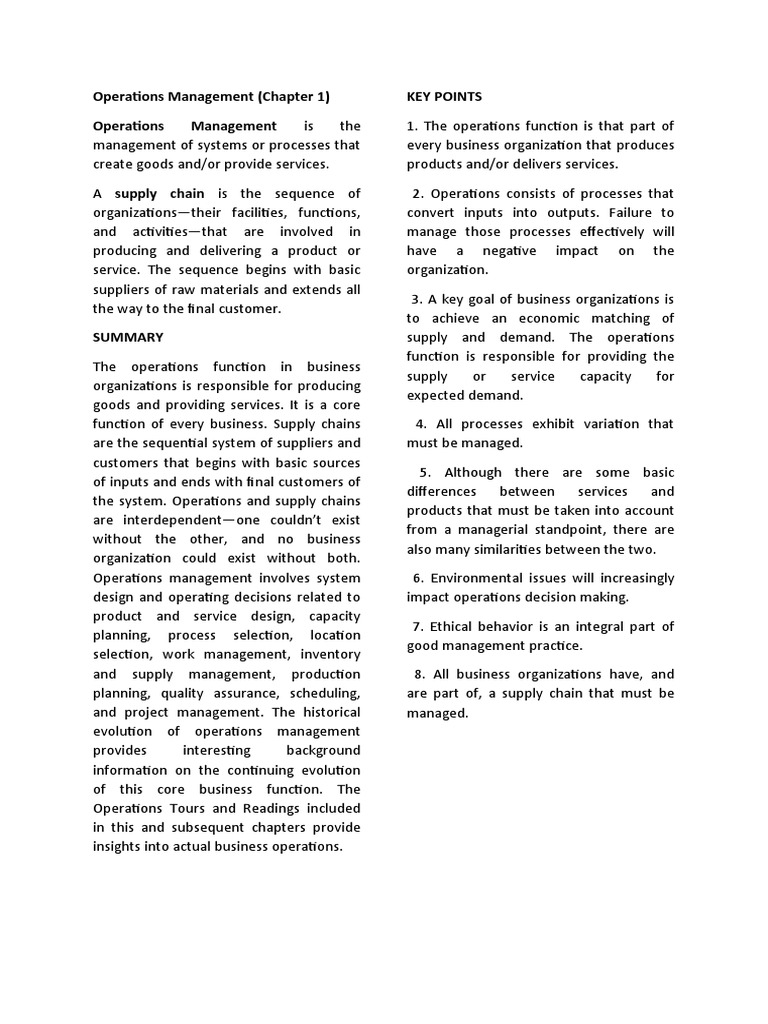 Operations Management (Chapter 1) Operations Management Is The Key ...