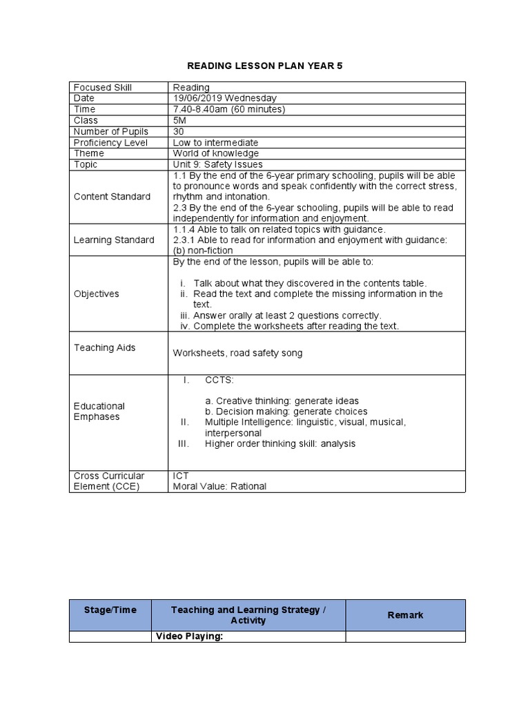 Lesson Plan KSSR Year 5 | PDF | Teachers | Lesson Plan