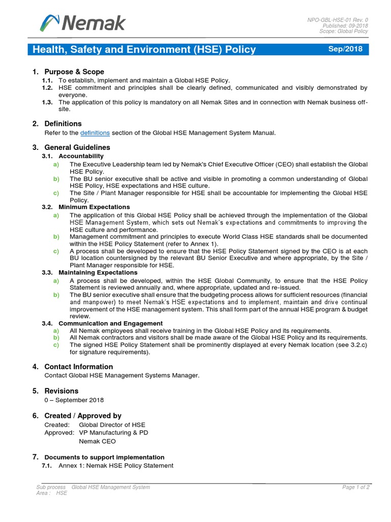 Nemak Global Health Safety and Environment Hse Policy | PDF | Safety ...