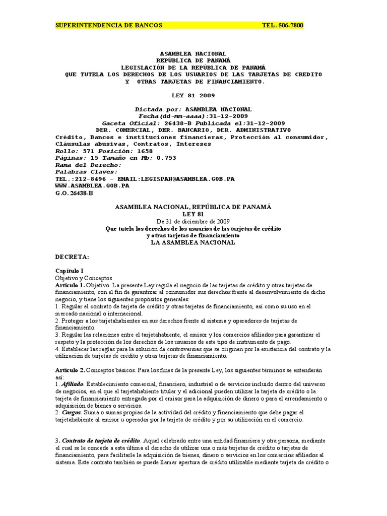 Ley 81 en Word | PDF | Tarjeta de crédito | Bancos