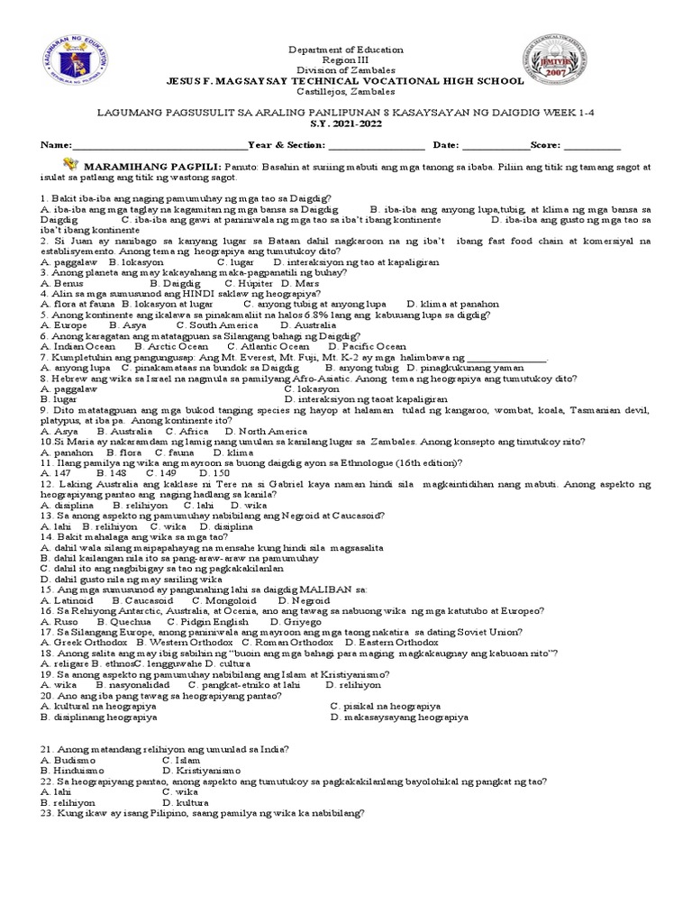 Ap8 - Lagumang Pagsusulit - WK 1-4 | PDF