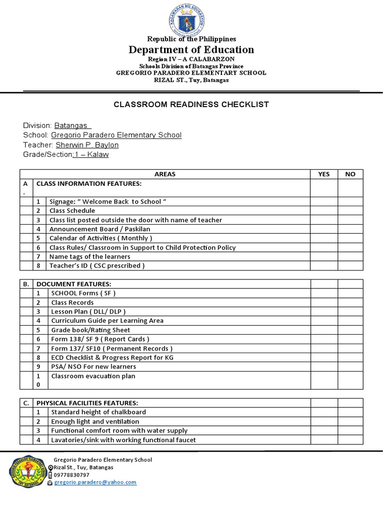 Clssroom Checklist | PDF | Classroom