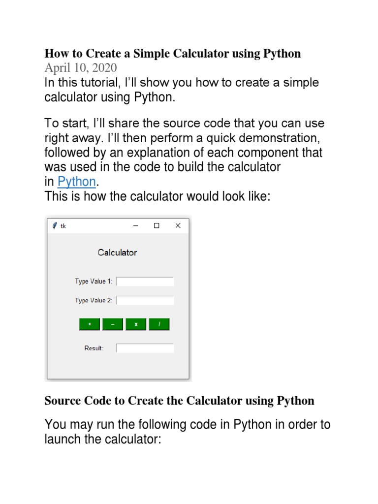 How To Create A Simple Calculator Using Python - PDF 1234 | PDF ...