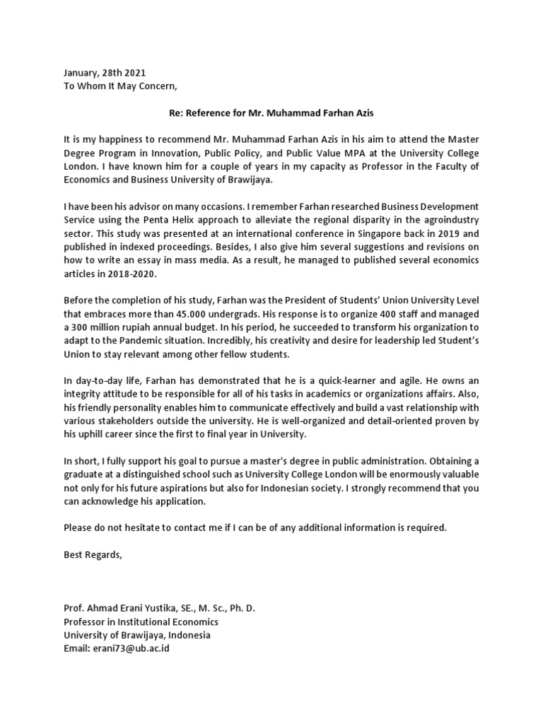 Reference Letter Template For MPA Application | PDF