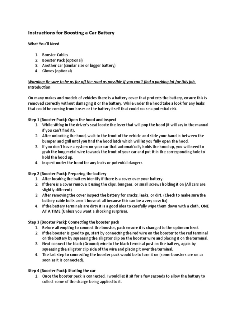 Instructions For Boosting A Car Battery | PDF | Vehicle Technology ...