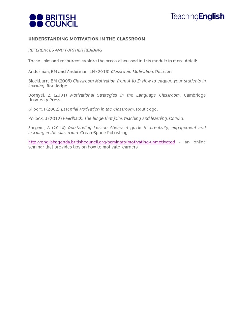 Understanding Motivation in The Classroom - References | PDF