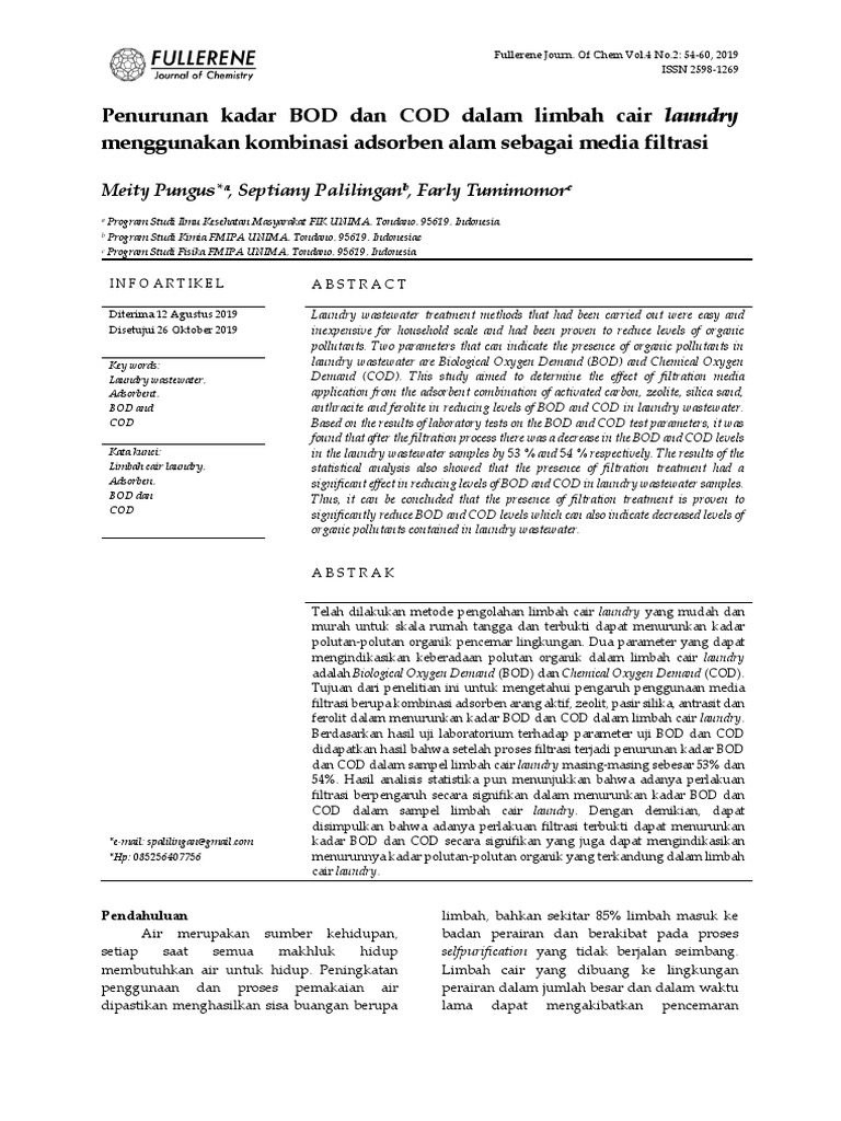Penurunan Kadar BOD Dan COD Dalam Limbah Cair Laundry Menggunakan Kombinasi Adsorben Alam ...