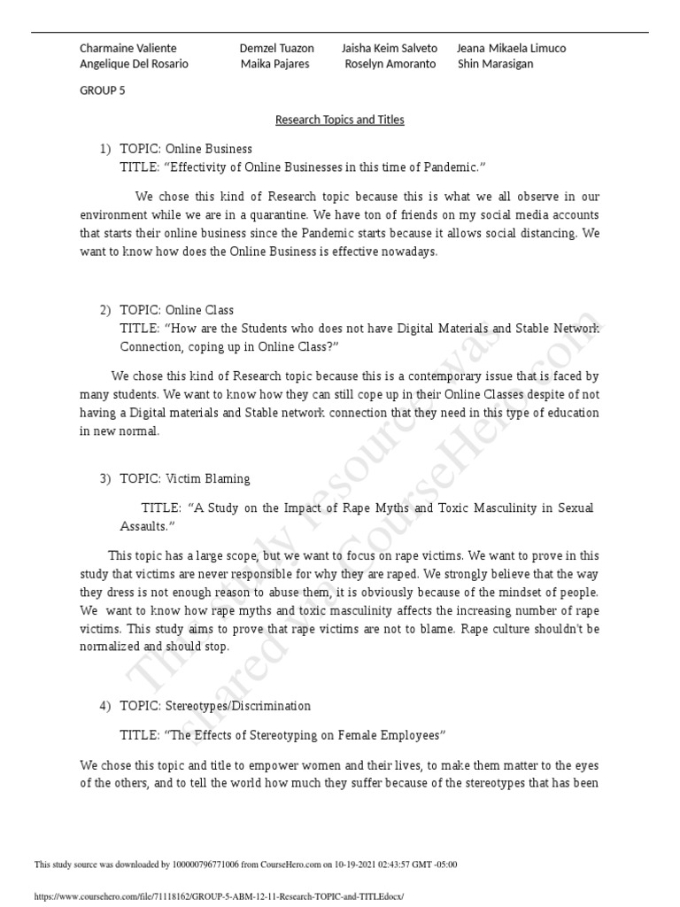 GROUP 5 ABM 12 11 Research TOPIC and TITLE | PDF | Intimate ...