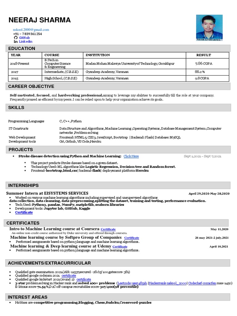 Neeraj Sharma: Github Linkedin | PDF | Machine Learning | Computer Programming