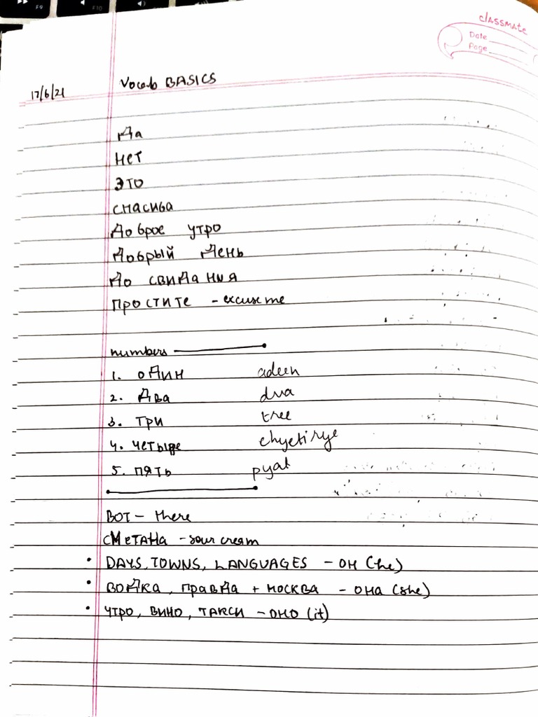 Basic Russian Vocabulary Handwritten Notes | PDF