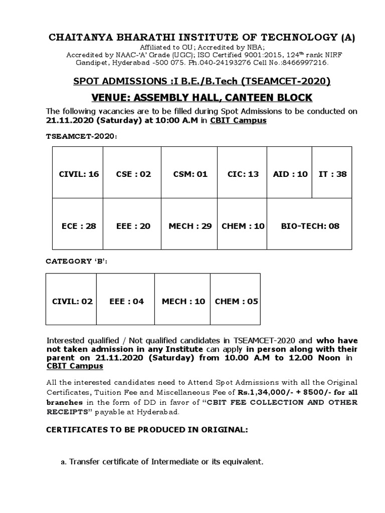 Chaitanya Bharathi Institute of Technology (A) : Spot Admissions:I B.E ...