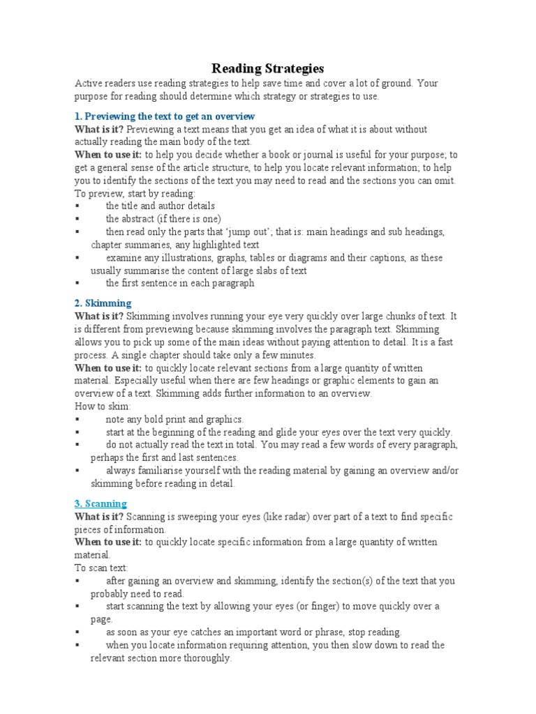 Reading Strategies: 1. Previewing The Text To Get An Overview | PDF ...