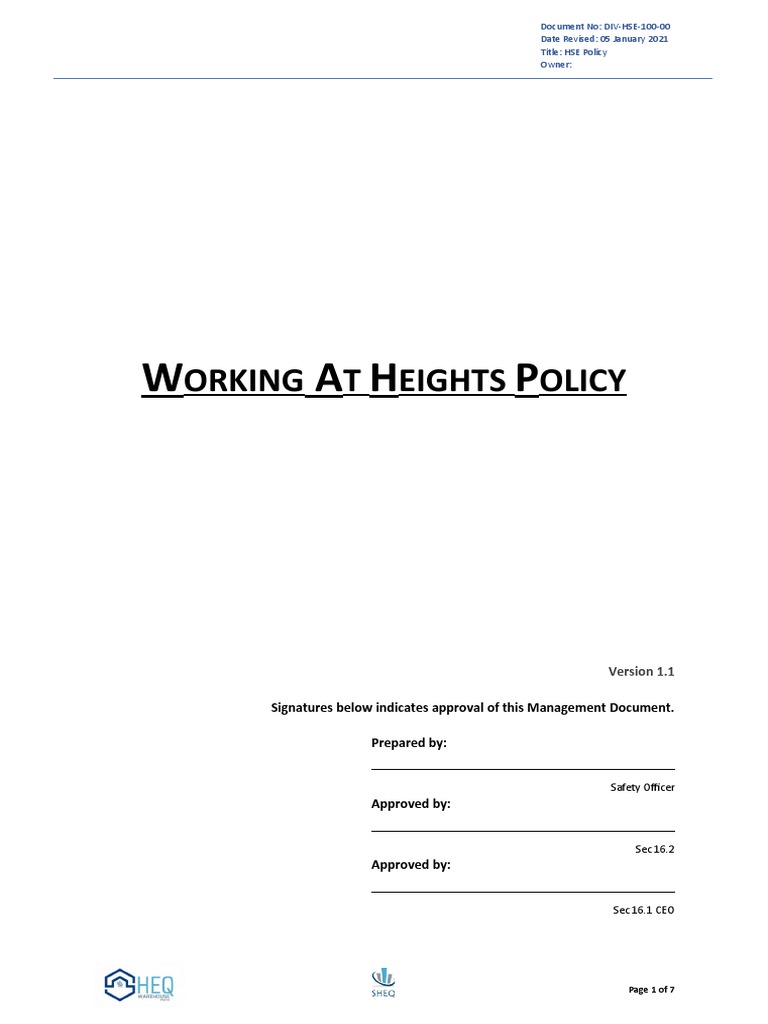 02-012 Working at Heights Policy | PDF | Occupational Safety And Health ...