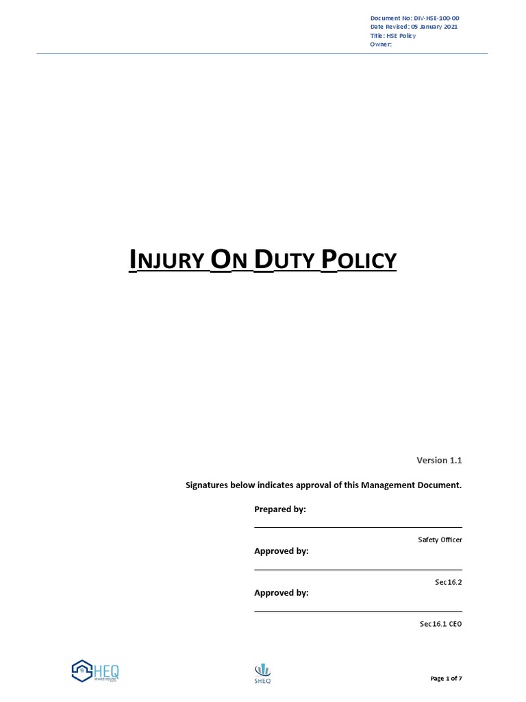 02-006 Injury On Duty (IOD) Policy | PDF | Occupational Safety And ...