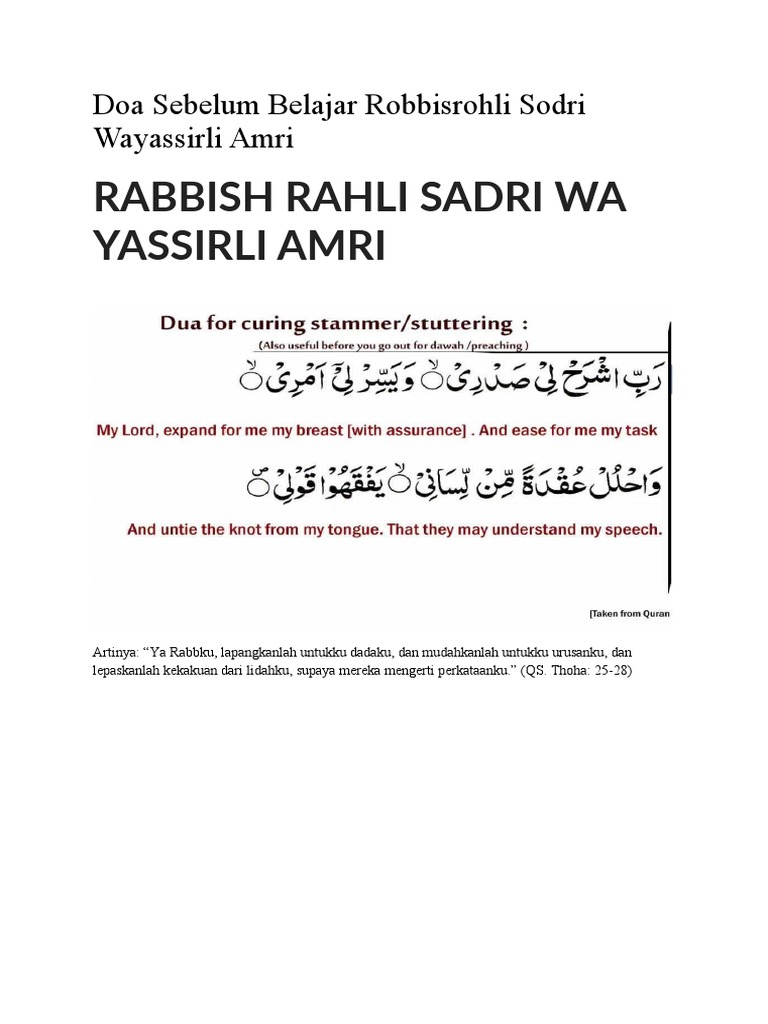 Doa Sebelum Belajar Robbisrohli Sodri Wayassirli Amri | PDF