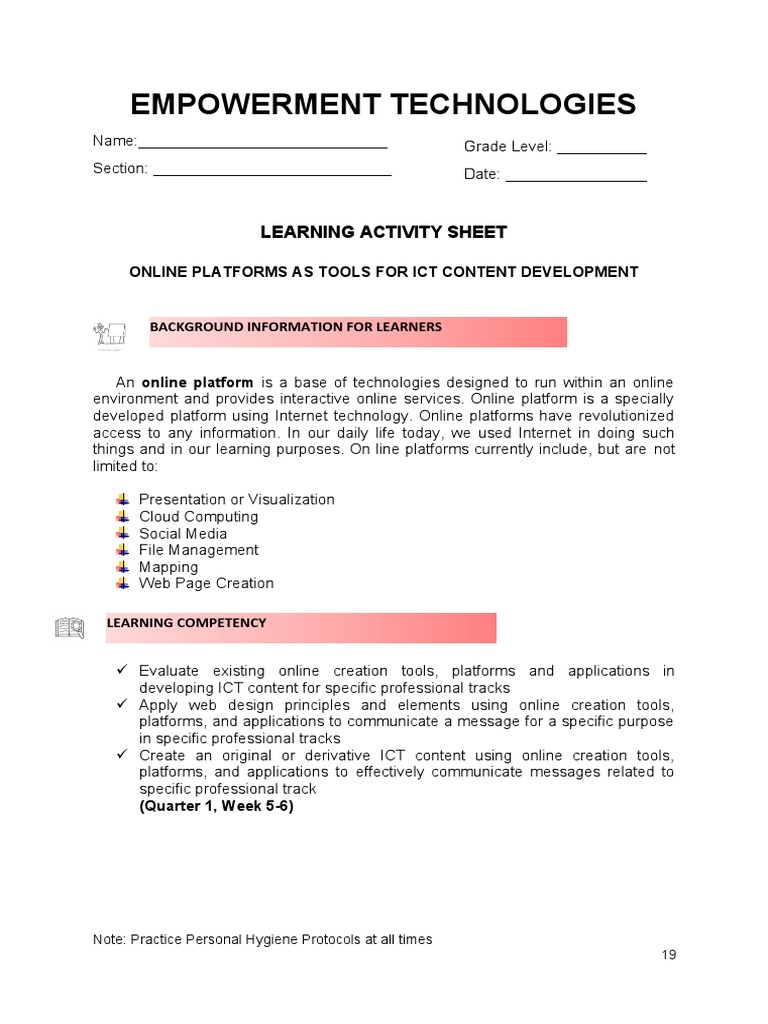Empowerment Technologies: Learning Activity Sheet | PDF | Educational Technology | Internet