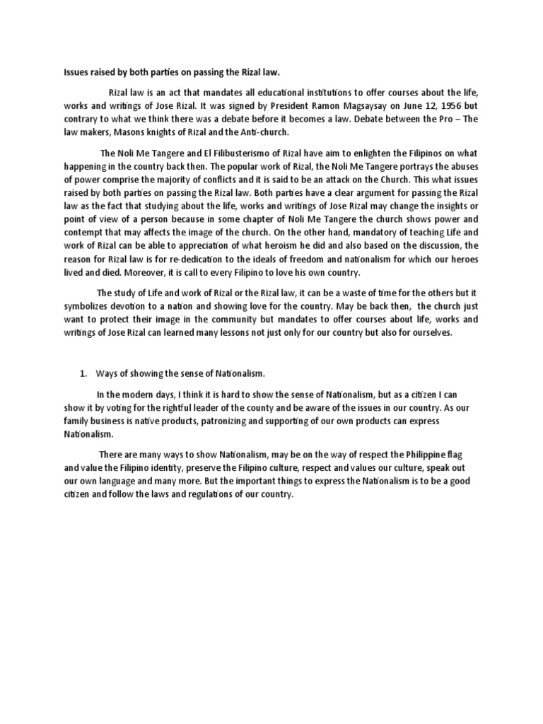 Issues Raised by Both Parties On Passing The Rizal Law | PDF | Philippines