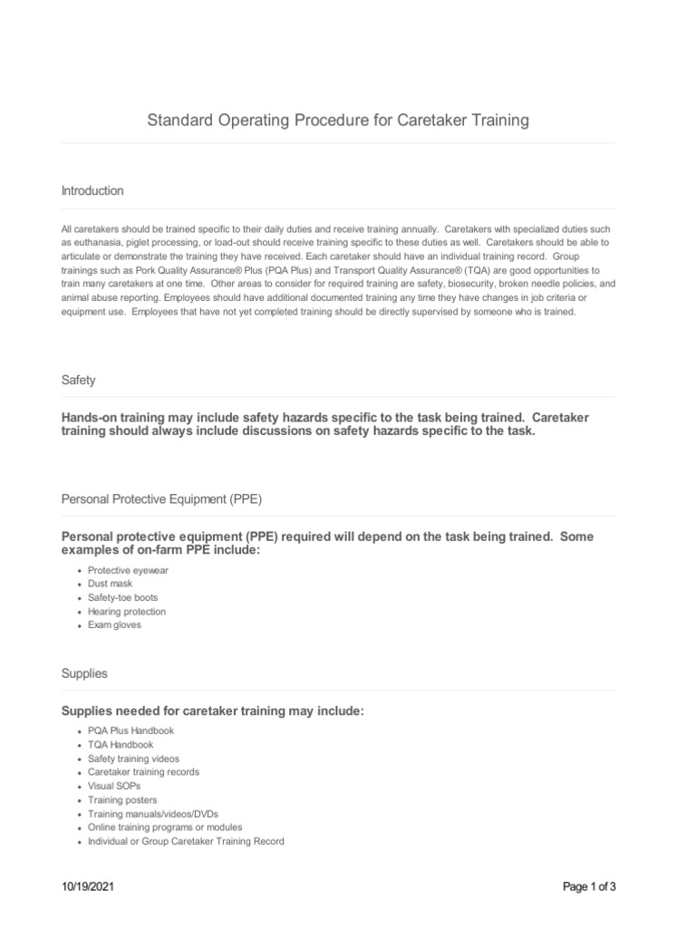 SOP For Caretaker Training | PDF | Personal Protective Equipment | Safety