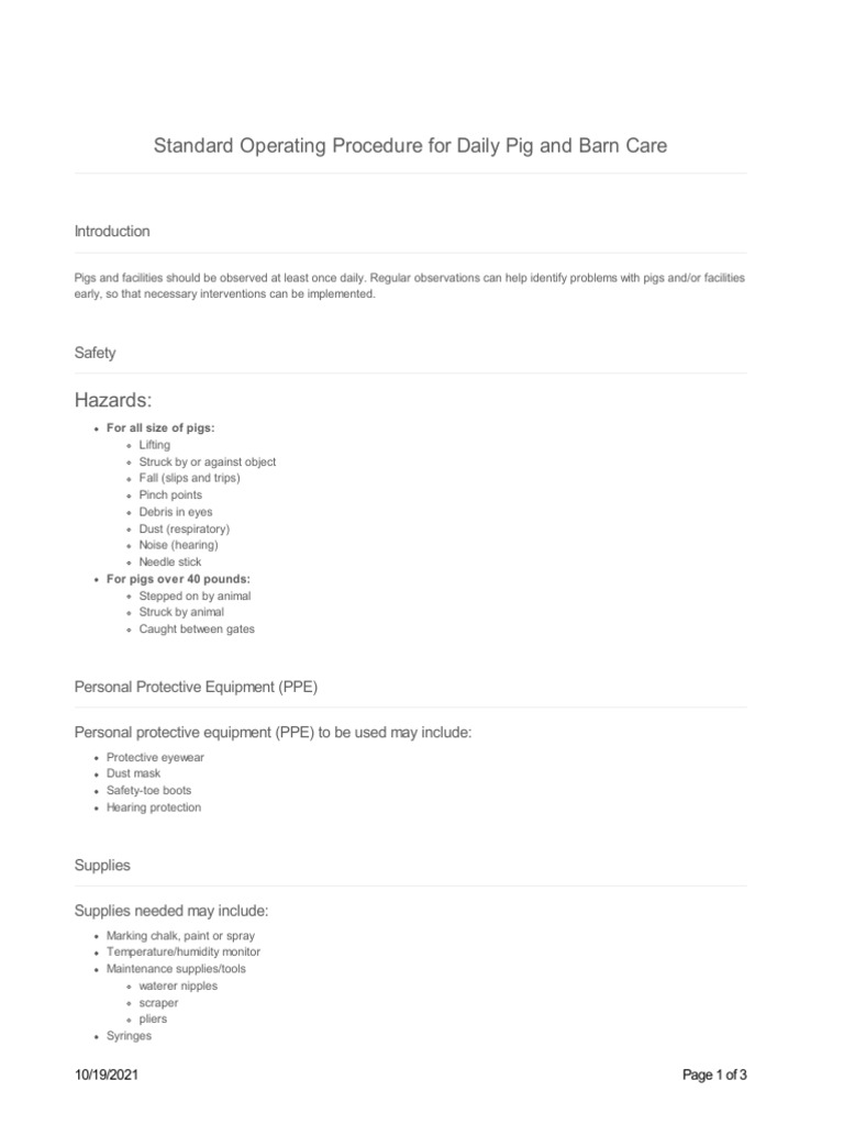 SOP For Daily Pig and Barn Care | PDF | Personal Protective Equipment