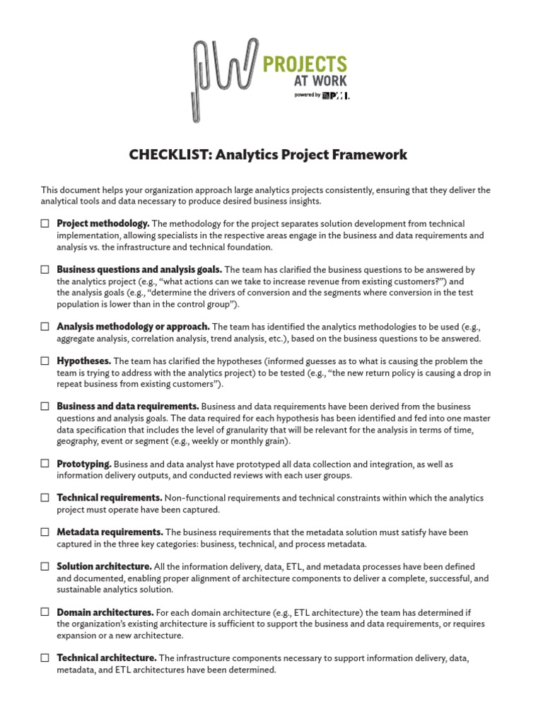 CHECKLIST: Analytics Project Framework | PDF | Analytics | Metadata