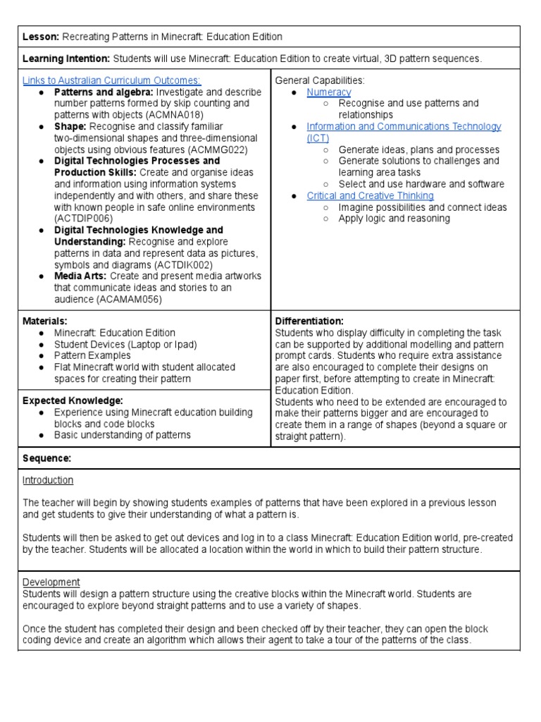 Minecraft Education Edition Classroom Lesson | PDF | Educational ...