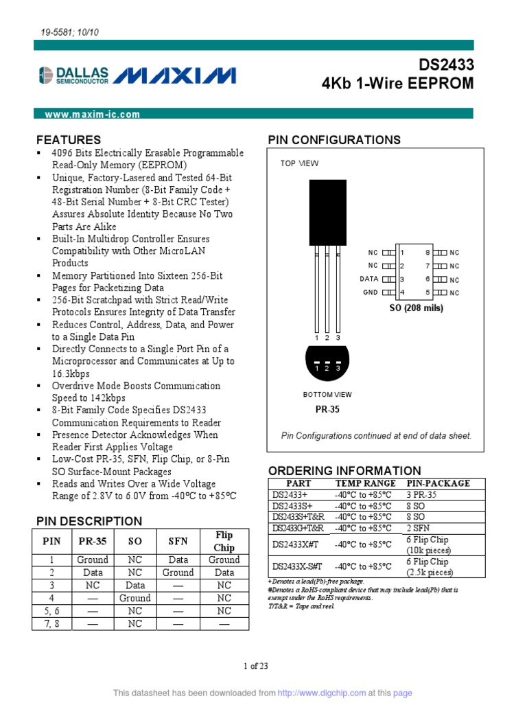 DS2433 4Kb 1-Wire EEPROM: Features Pin Configurations | PDF | Read Only ...