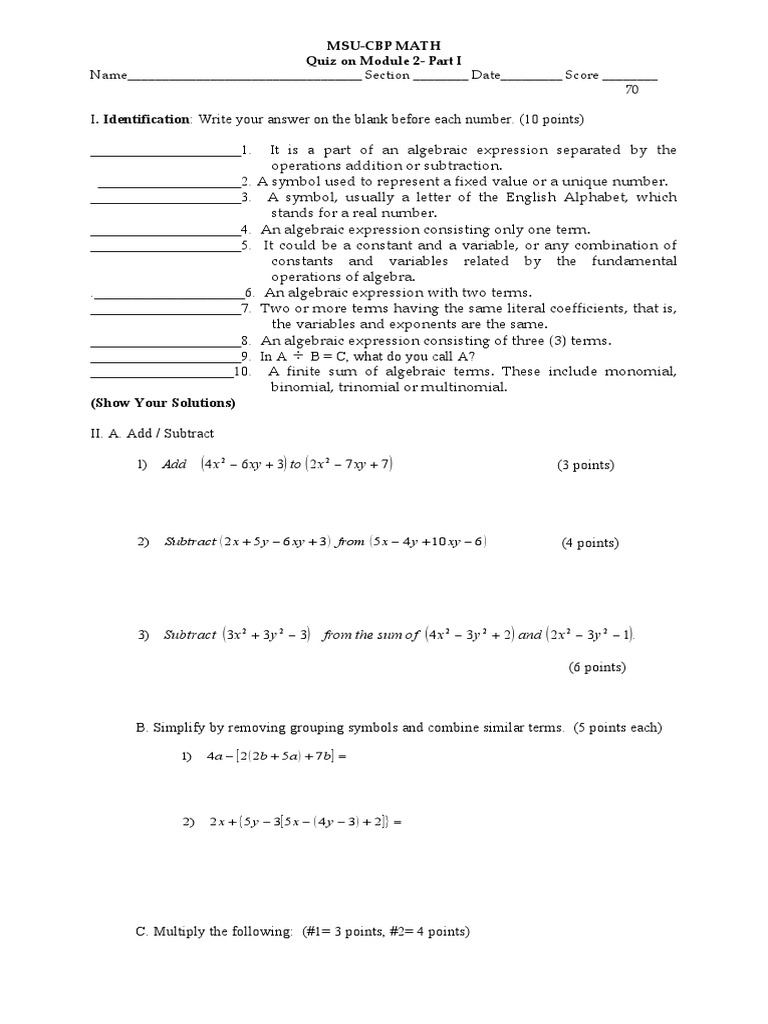 Math A Quiz Module 2 Part 1 2021 | PDF | Numbers | Variable (Mathematics)