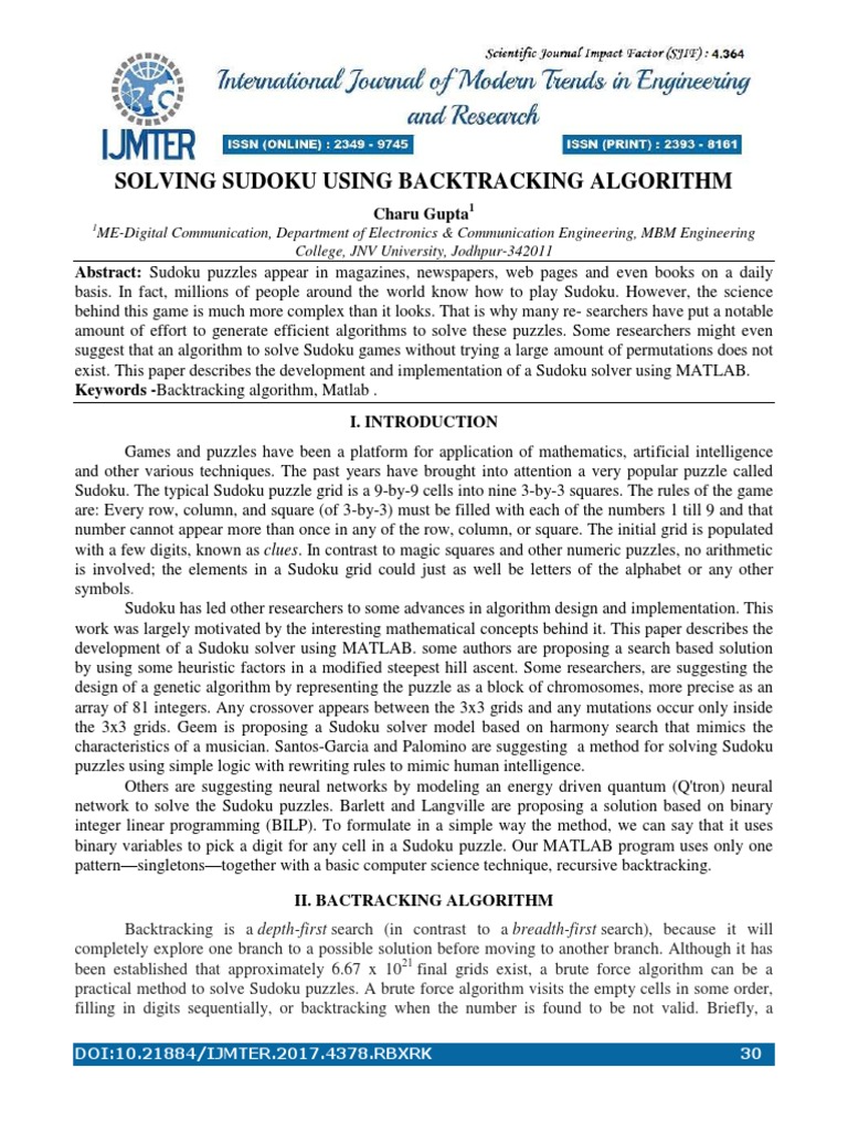 Solving Sudoku Using Backtracking Algorithm: Charu Gupta | PDF | Applied Mathematics ...