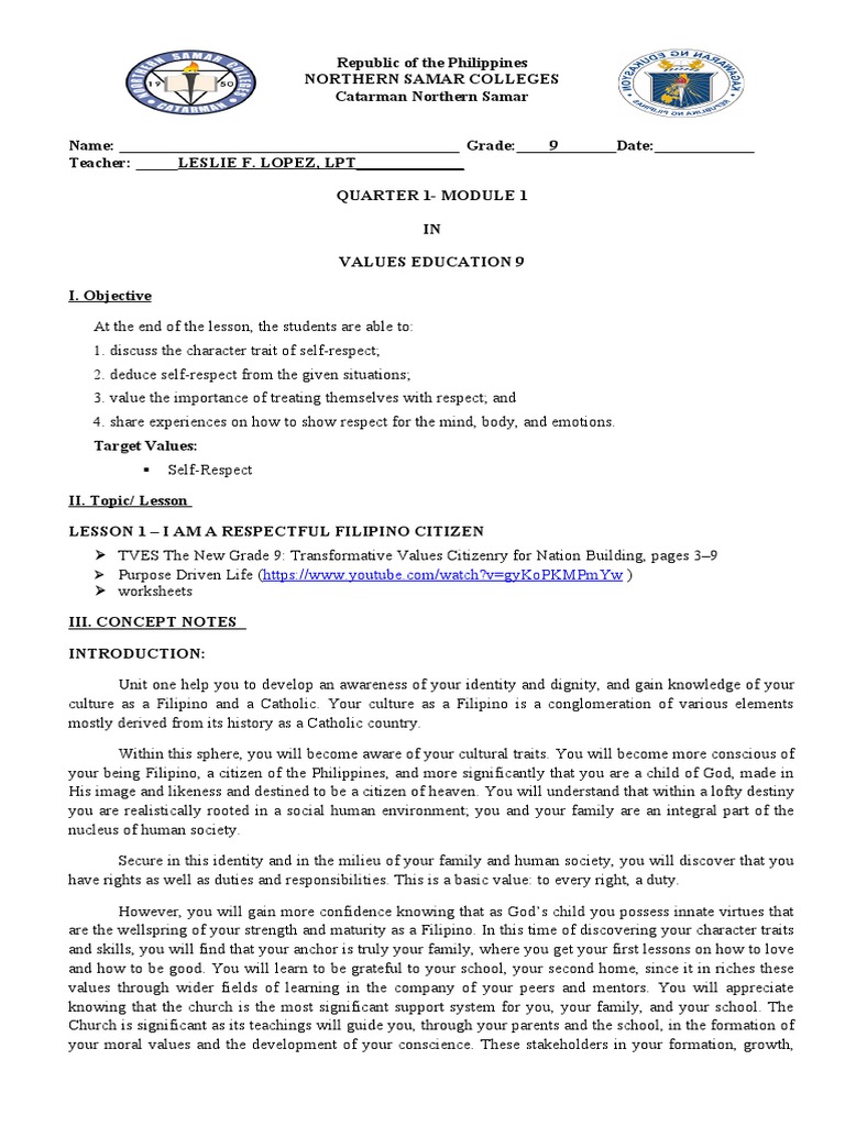MODULE 9 Values Education | PDF | Self Esteem | Psychological Concepts