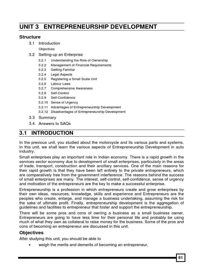 Unit 3 Entrepreneurship Development: Structure | PDF | Entrepreneurship ...