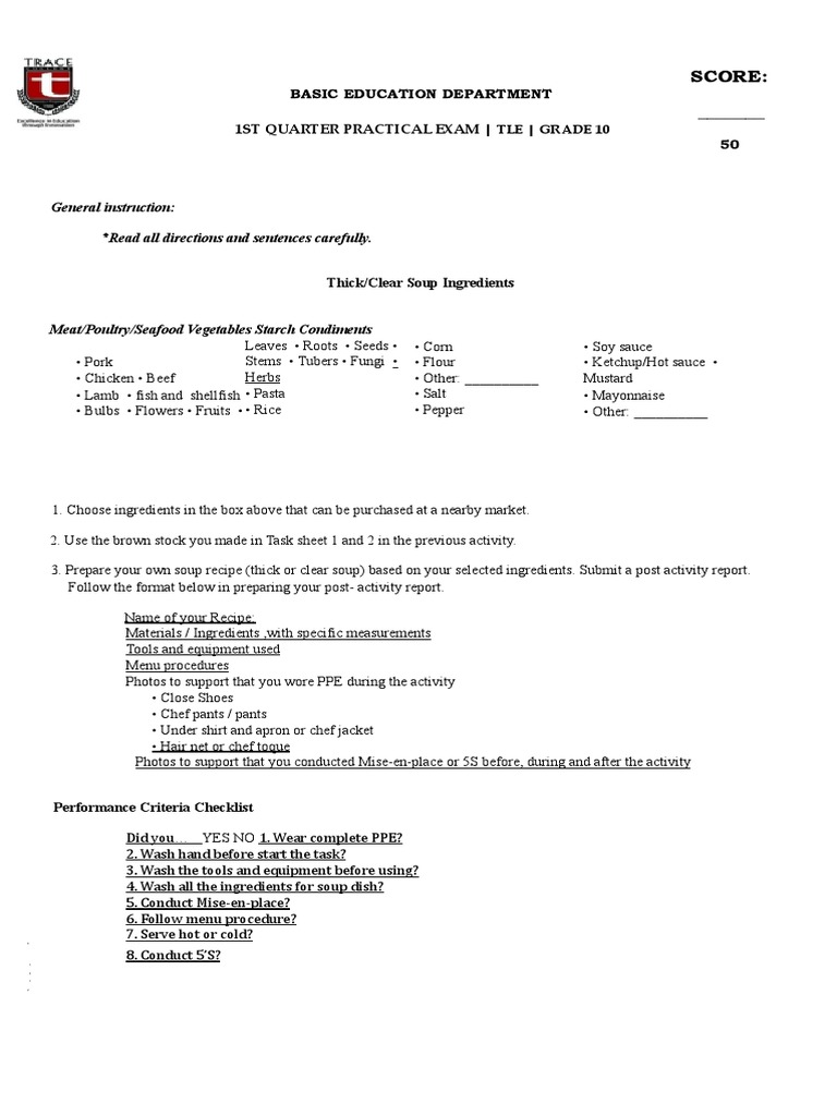 G10 Cookery Practical Exam | PDF | Soup | Sauce